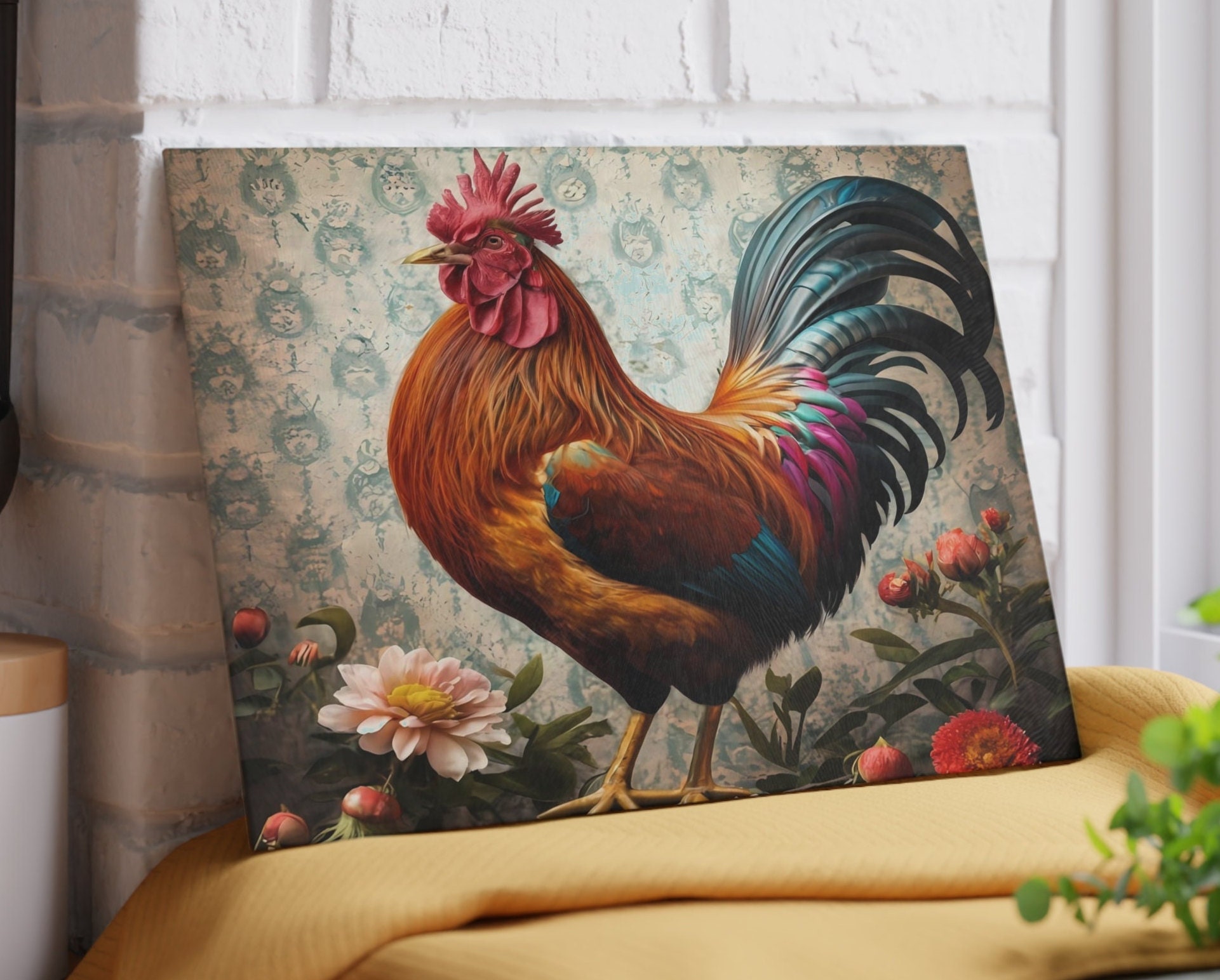 French Farmhouse Rooster Glass Cutting Board/chicken Rectangle/toile ...