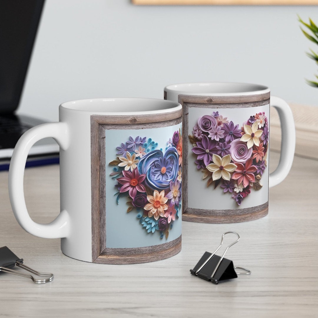 Cute and Decorative Paper Quilling Mug 11 Oz - "flowers and Hearts and ...