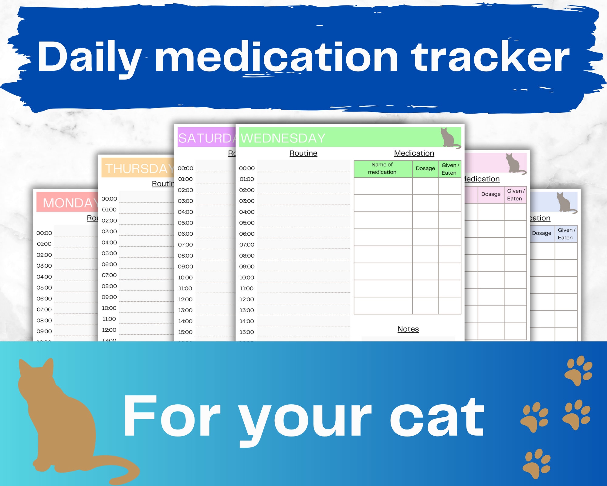 Pet Medication Tracker, Cat Pill Log, Colour Bundle, Kitten Daily Sheet ...