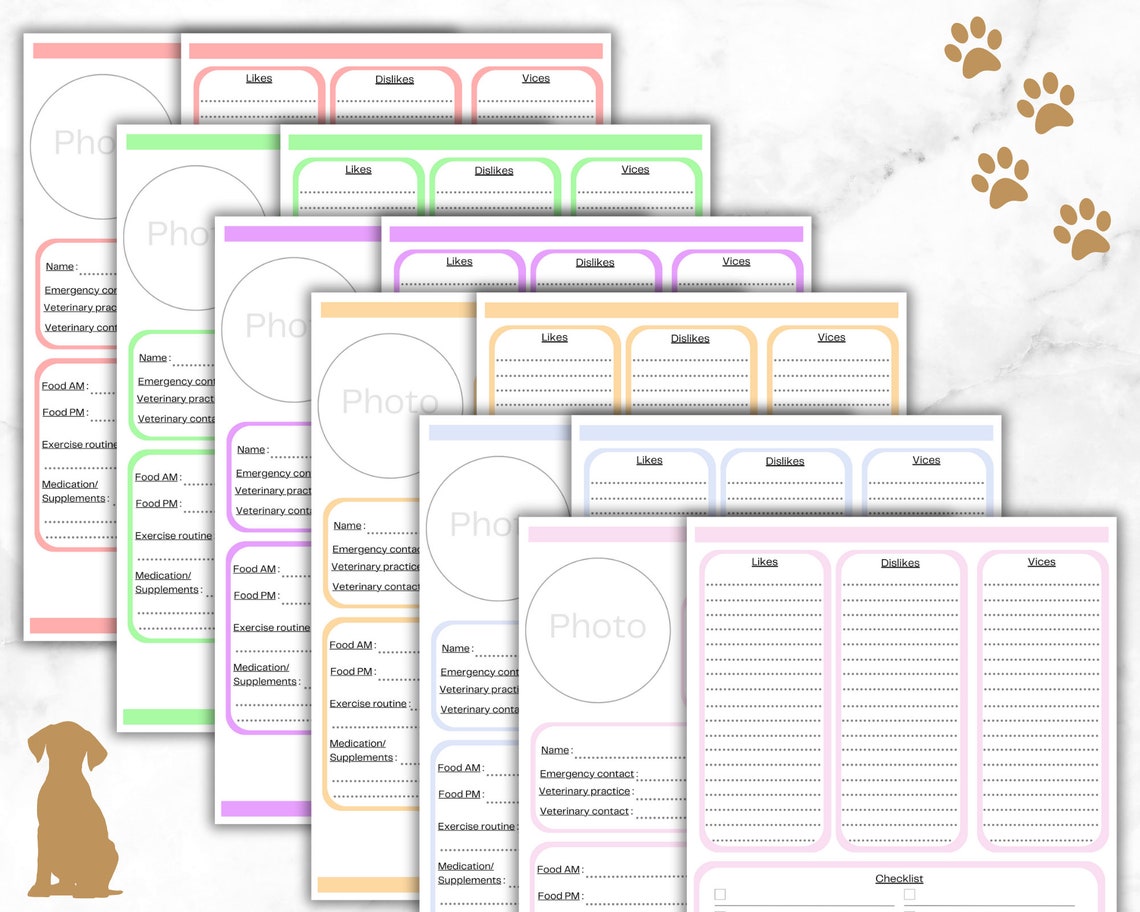 Dog Sitting Information Sheet Printable Canine Boarding Log Pooch A4 ...