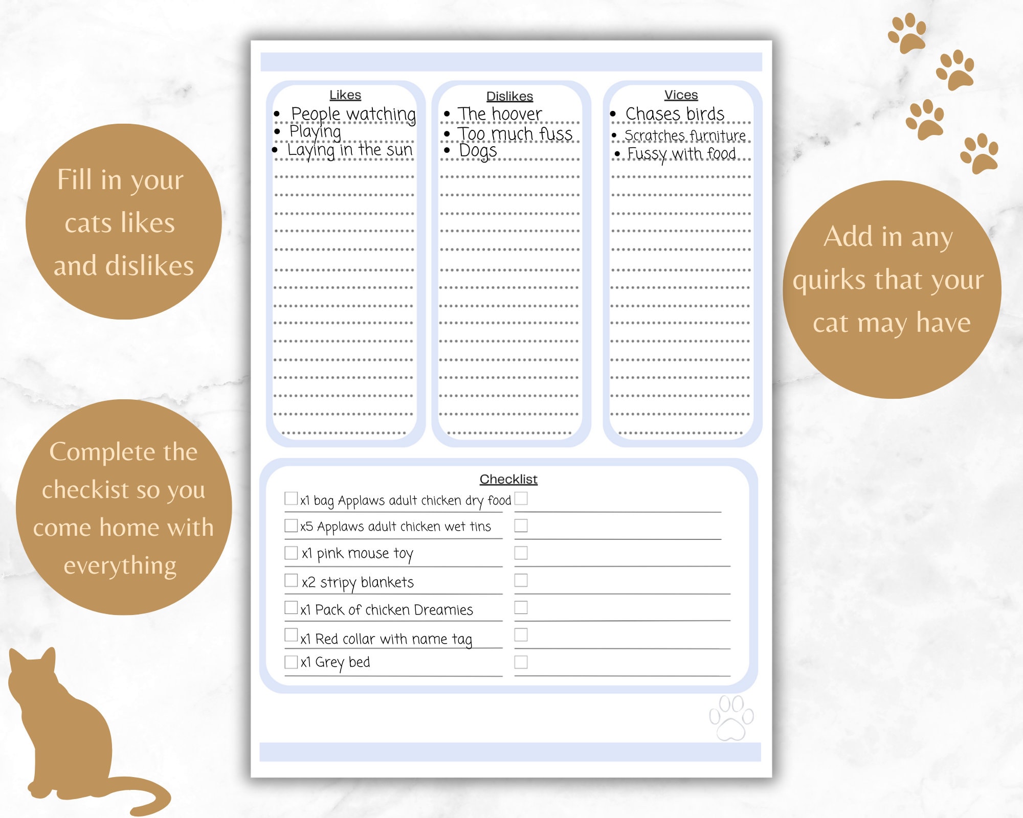 Cat Sitting | Information Sheet | Printable Feline Boarding Log ...