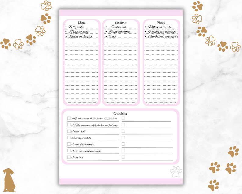 Dog Sitting Information Sheet Printable Canine Boarding Log - Etsy