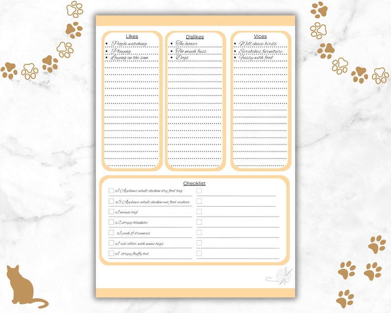 Cat Sitting Information Sheet Printable Feline Boarding - Etsy