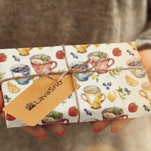Fruit Tea Gift Wrap, Tea Lover Wrapping Paper, Tea Cups Berries and ...