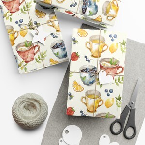 Fruit Tea Gift Wrap, Tea Lover Wrapping Paper, Tea Cups Berries and ...