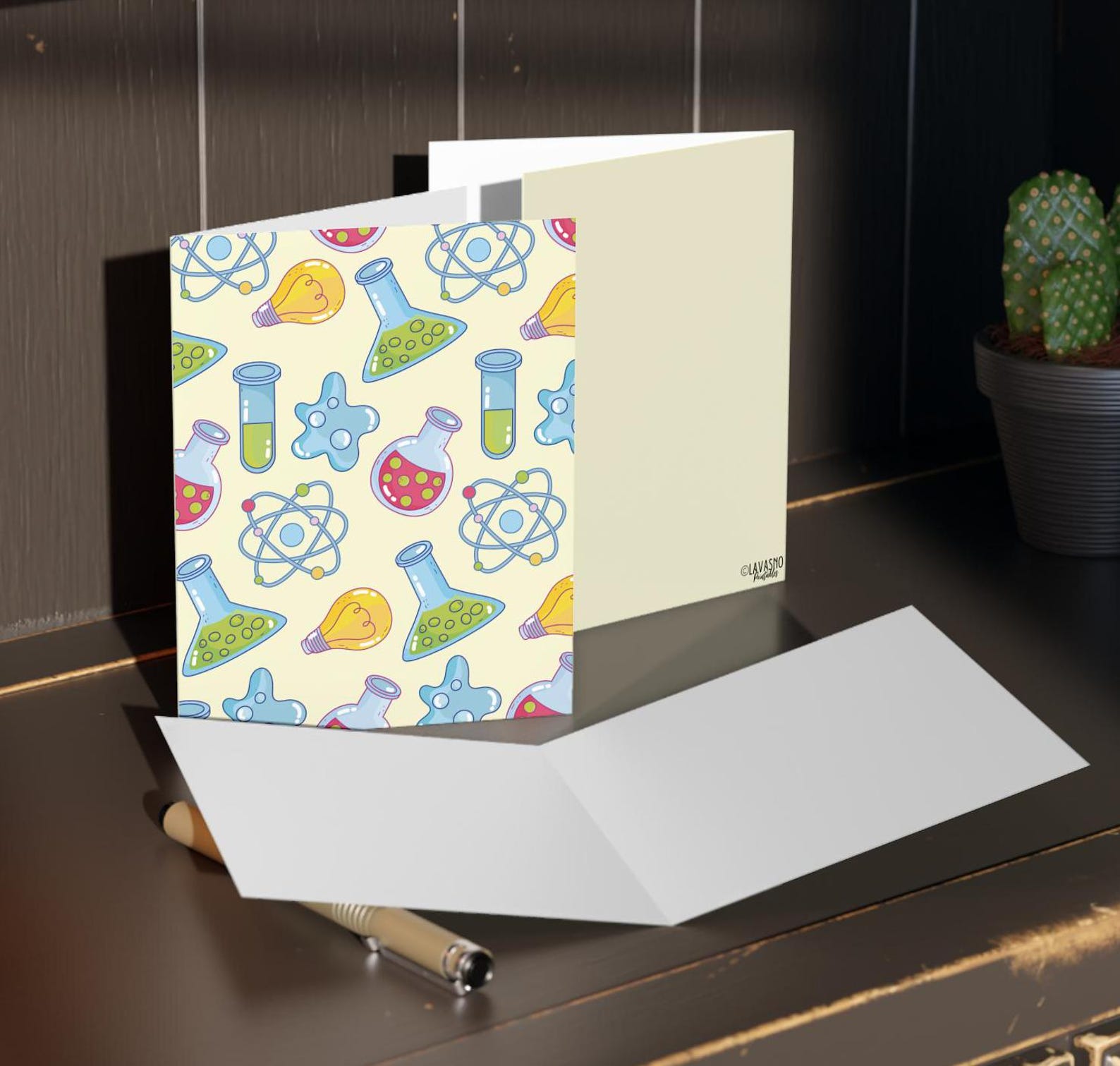Science Cards, Cute Illustrations Atoms, Beakers, Test Tubes, Science ...