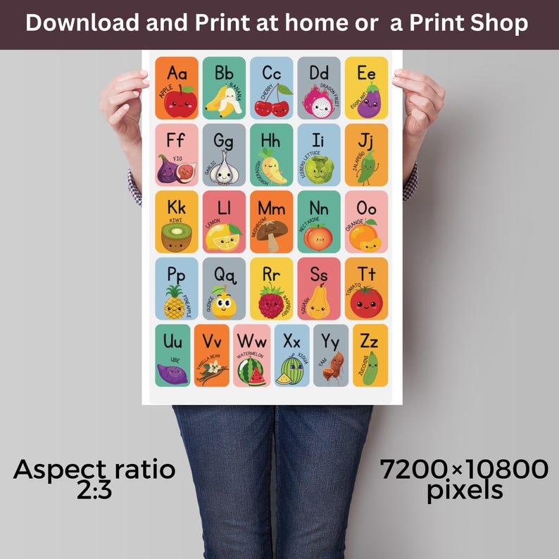 Printable Alphabet Poster, Colorful Fruit and Vegetable, Kindergarten ...