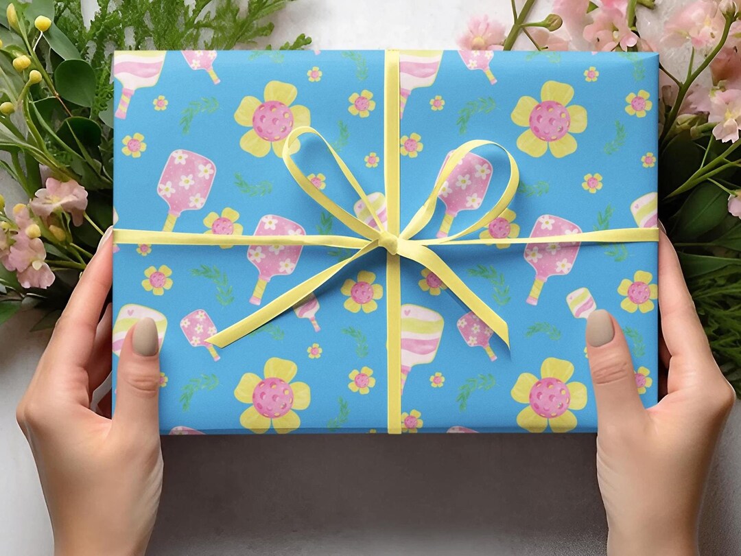 Pickleball Wrapping Paper, Cute Gift Wrap, Pink Blue Yellow Rackets ...