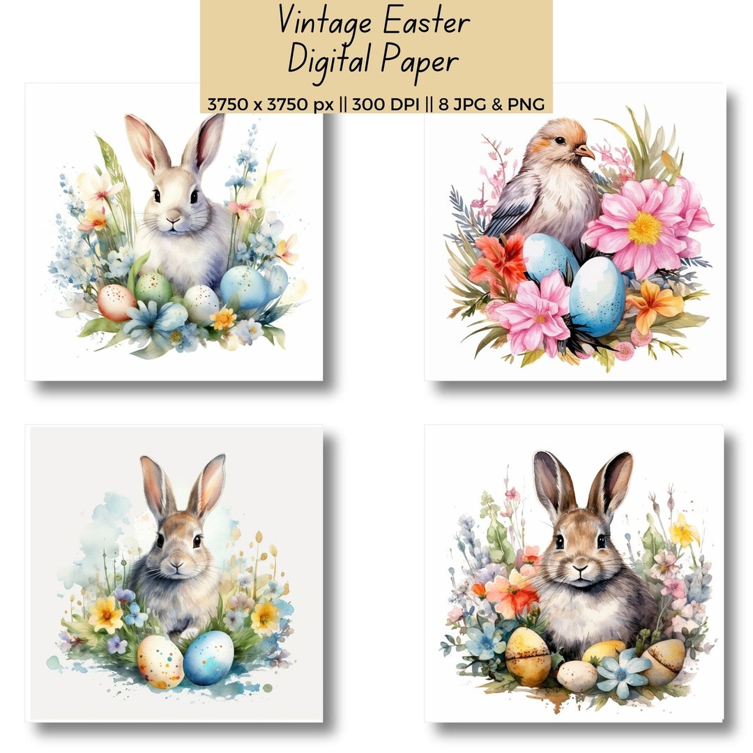 Watercolor Easter Digital Paper Pack: Vintage Bunny, Eggs, Flowers (JPG ...