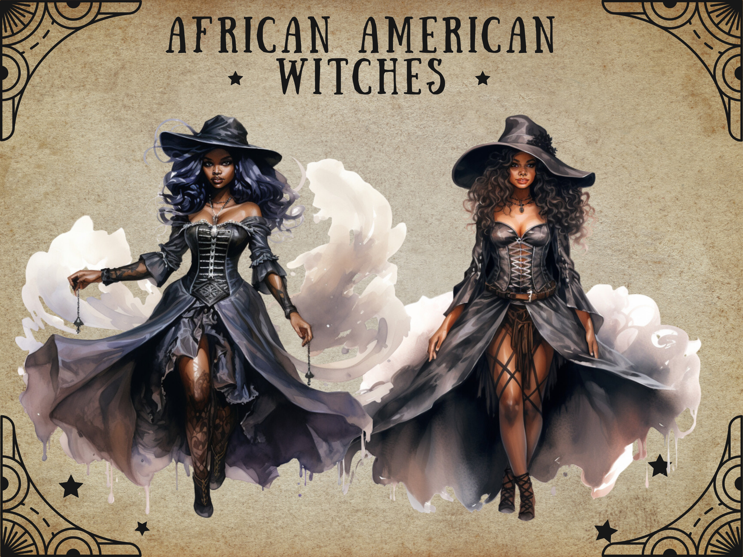 African American Witches Clipart, Black Girl Halloween PNG, Watercolor ...
