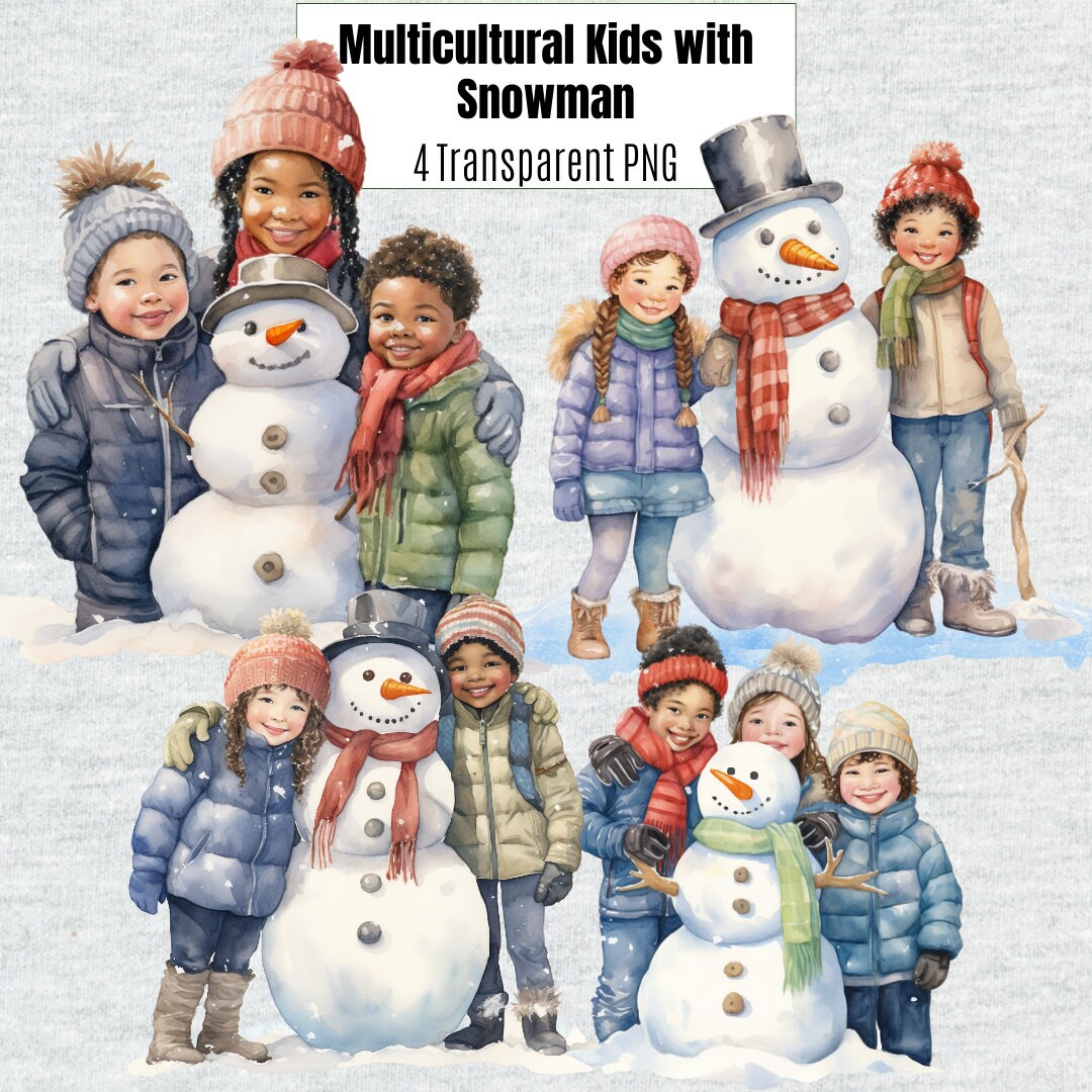 Diverse Kids Winter Clipart Snowman Multicultural Children - Etsy