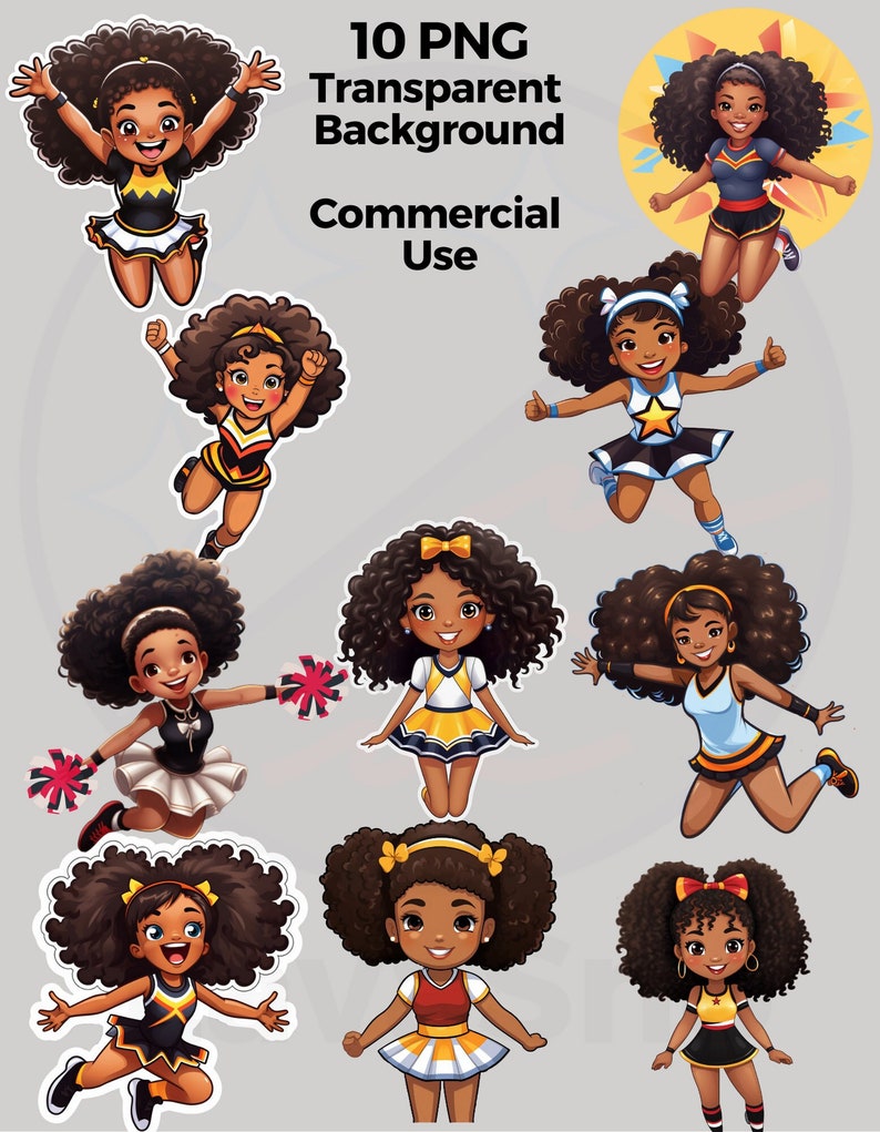 Black Girl Cheerleaders PNG Clipart Bundle, Digital Download for ...