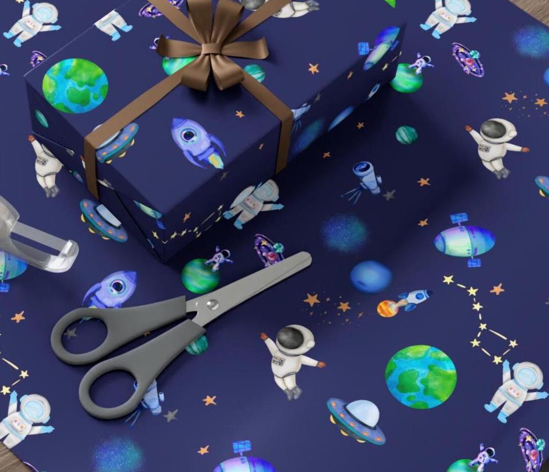 Navy Blue Baby Boy Gift Wrapping Paper, Boy Astronaut Baby Shower Decor ...