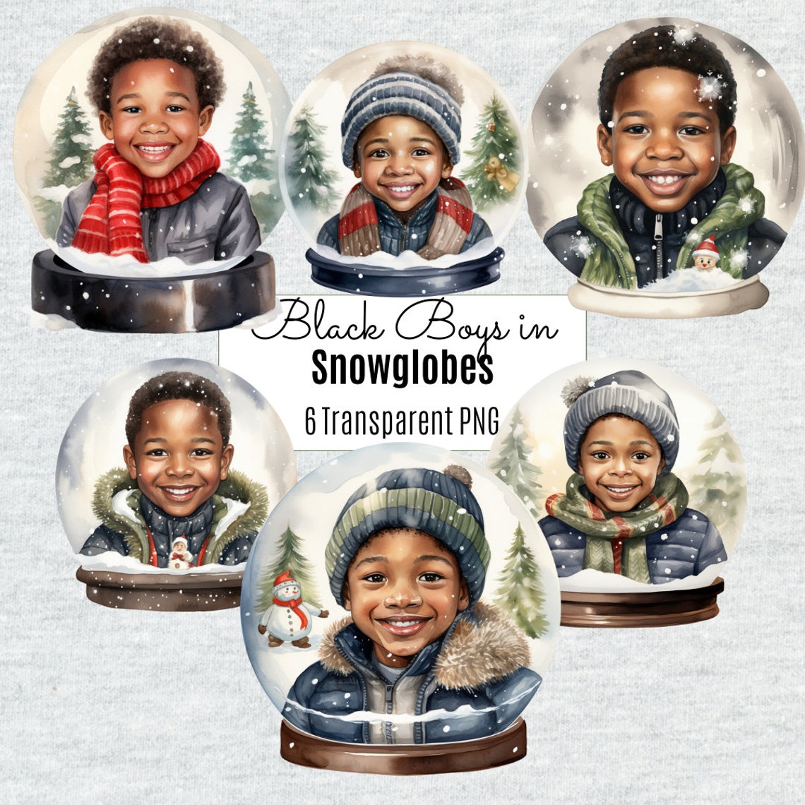 African American Christmas Clipart, Black Boys Snowglobe PNG, Holiday ...
