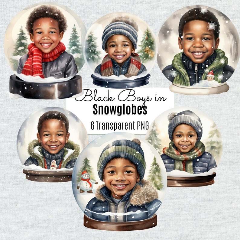 African American Christmas Clipart, Black Boys Snowglobe PNG, Holiday ...