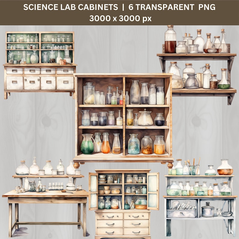 Laboratory Clipart, Apothecary Cabinet PNG, Watercolor Science Clipart ...