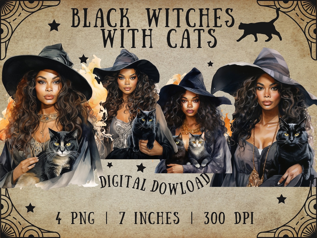 African American Witches Black Cat Clipart, Black Girl Witch PNG, Afro ...