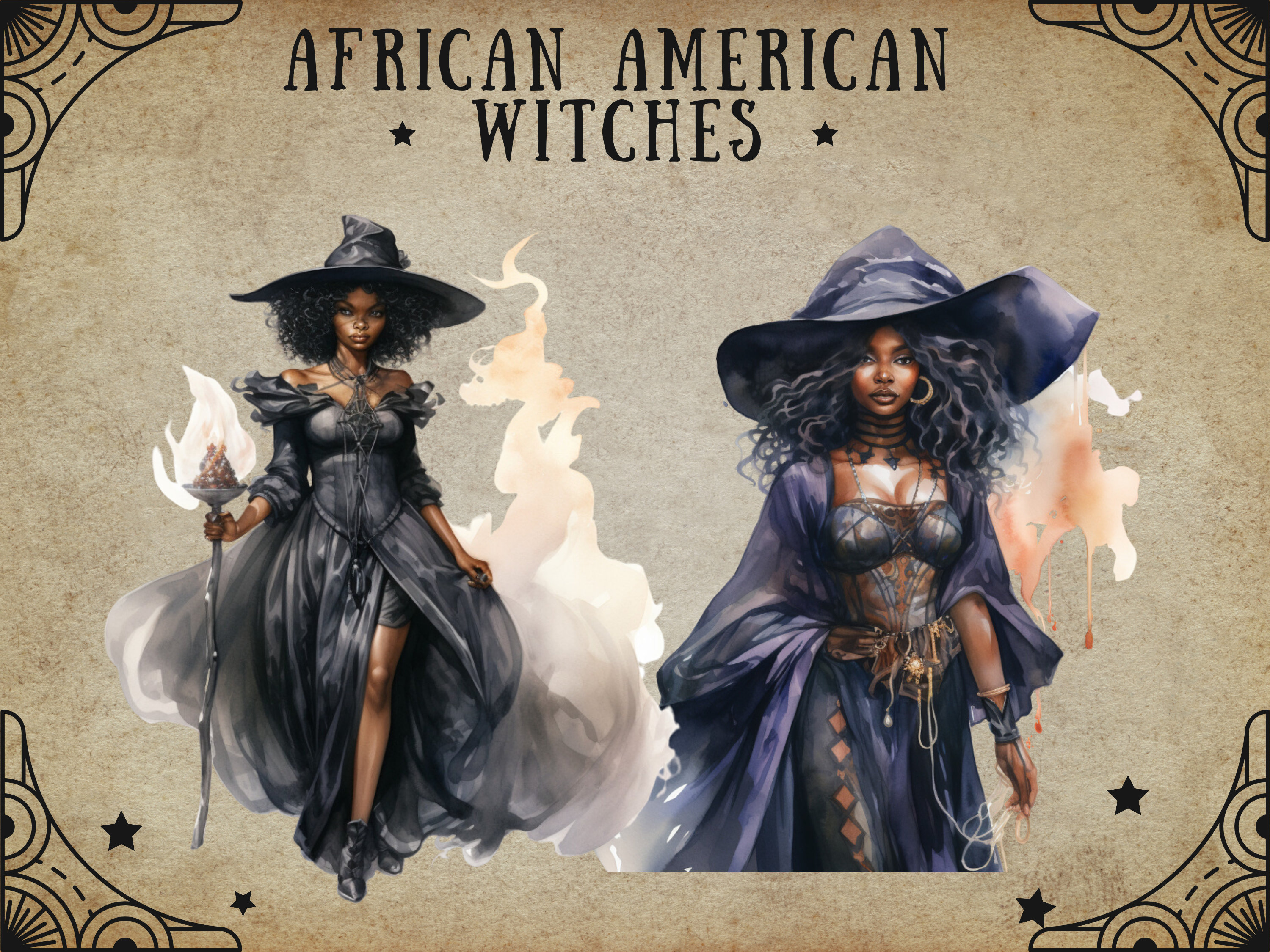African American Witches Clipart, Black Girl Halloween PNG, Watercolor ...