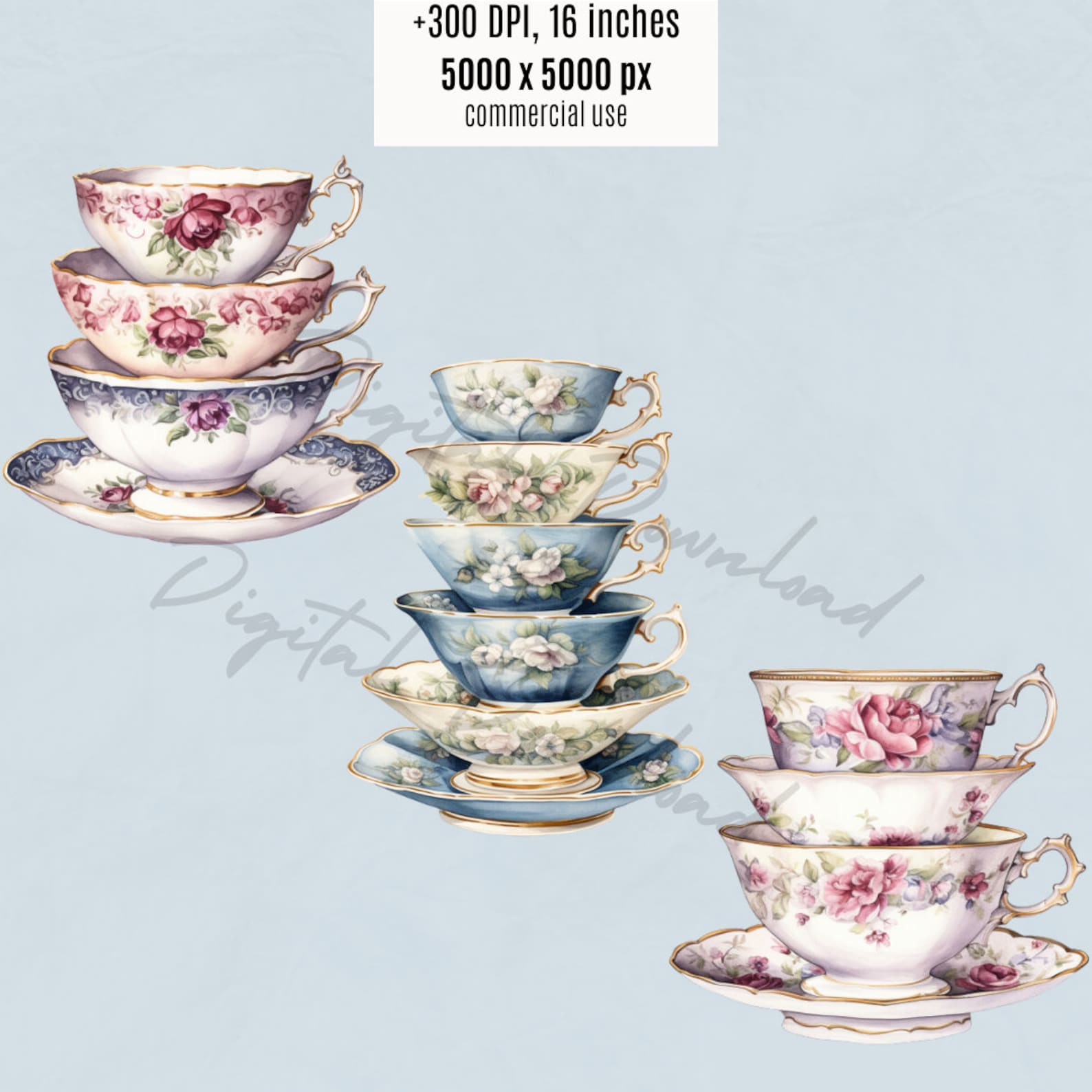 Stacked Tea Cup Clipart, Vintage Watercolor Tea Cup, Teacup PNG, Tea ...