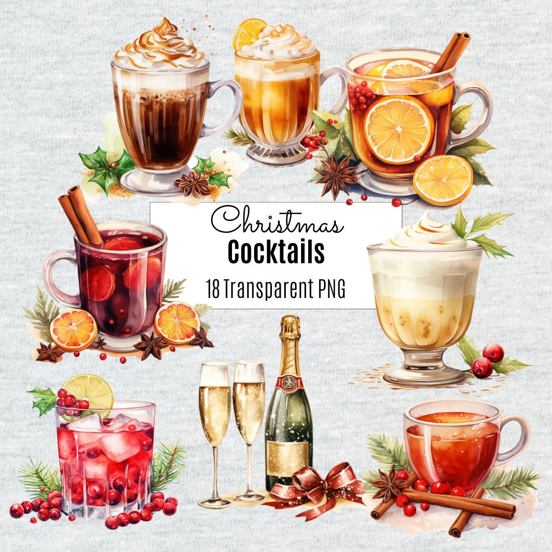 Christmas Cocktail Clipart, Watercolor Alcohol Drinks PNG, Holiday ...