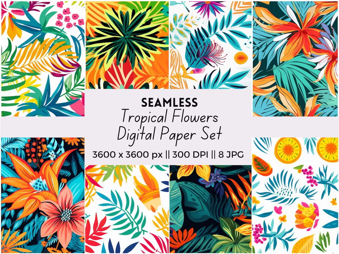 Tropical Floral Luau Digital Paper, Flowers Seamless Repeating Pattern ...