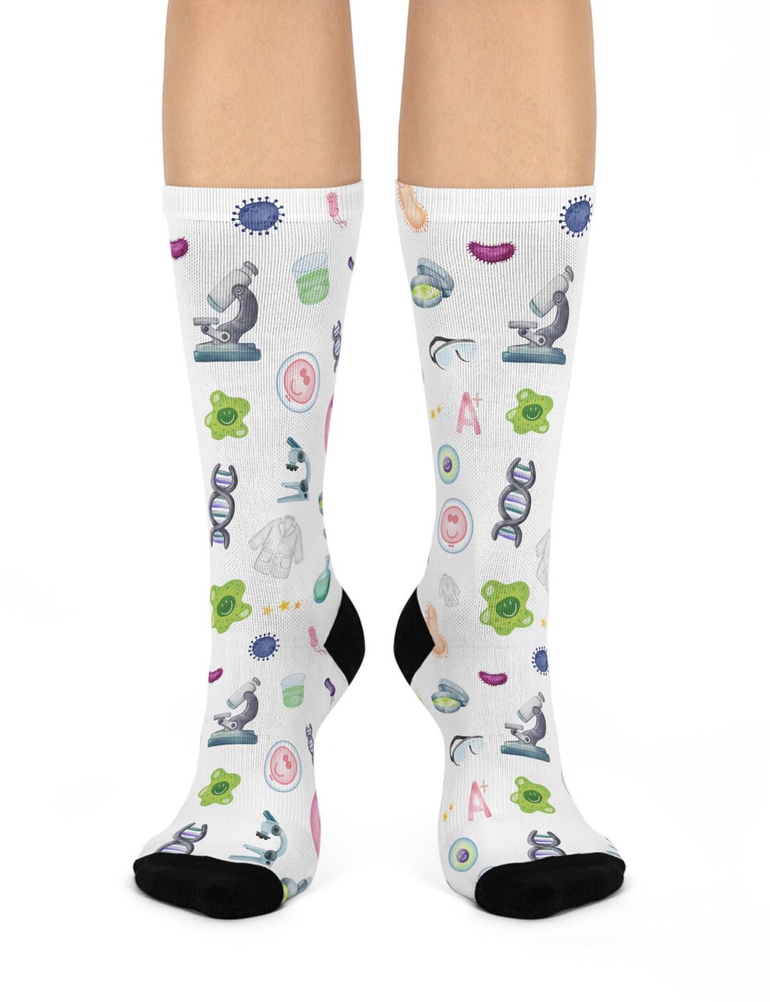 Cute Microbiology Crew Socks With DNA, Microscopes, Bacteria, Cells ...