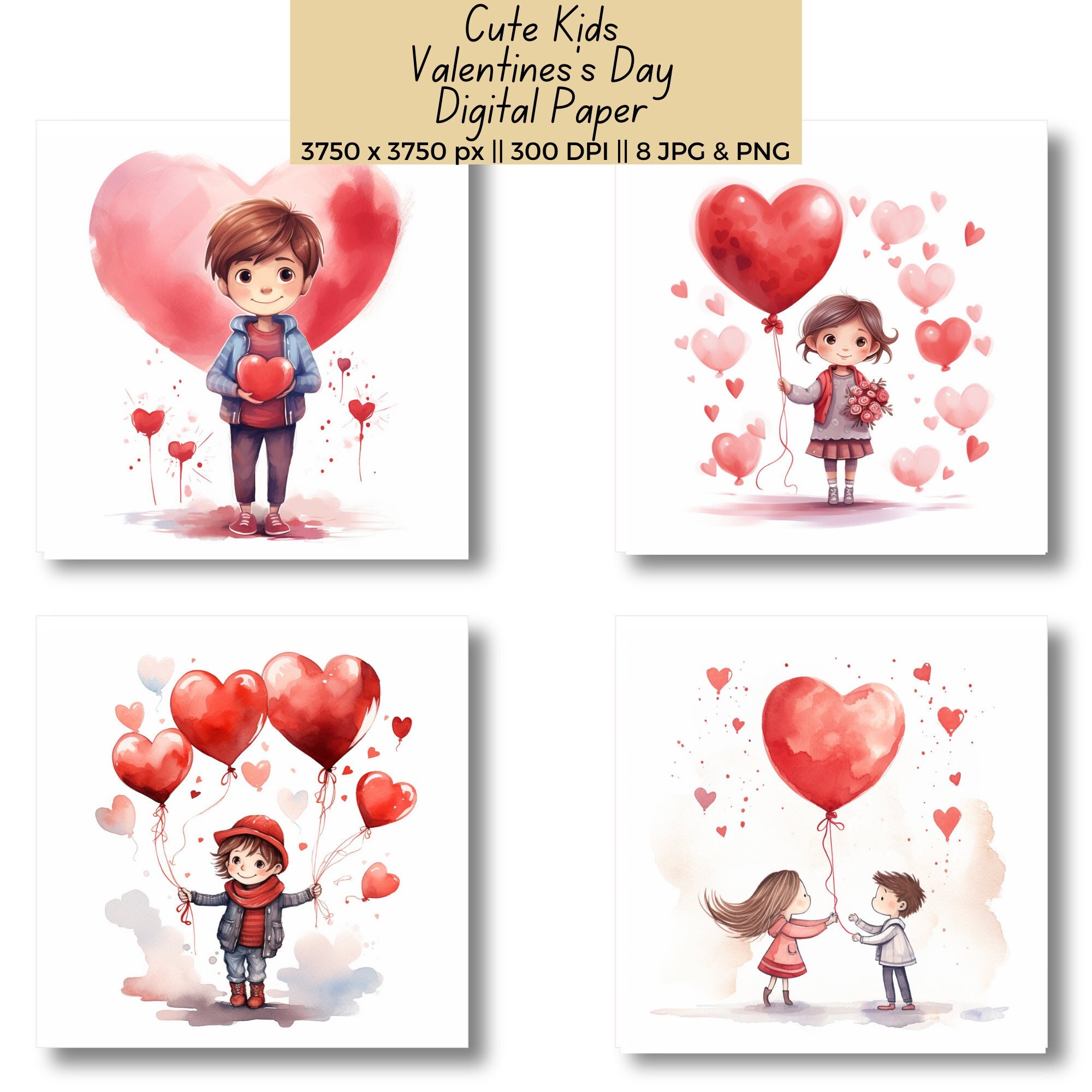 Valentine Kids Clipart, Cute Kids Valentines Day Digital Paper JPG PNG ...