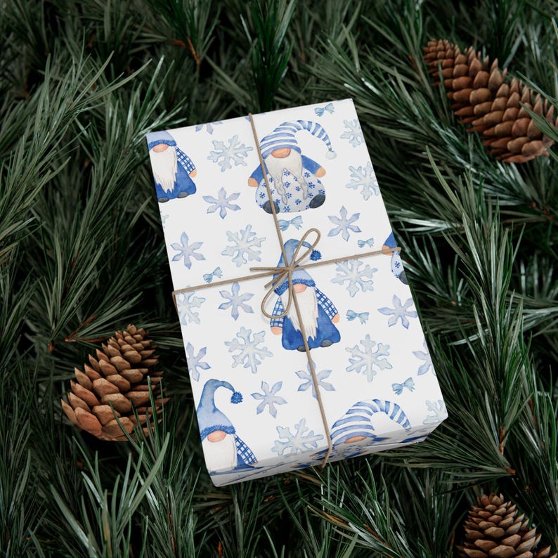 Gnome Wrapping Paper, Cute Gnome Gift Wrap, Coquette Blue Wrapping ...
