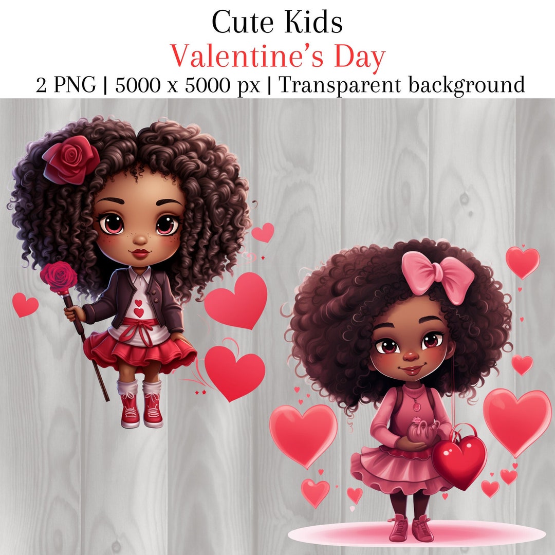 Chibi Black Girls, Valentine Kids Clipart, Cute Kids Valentines Day ...