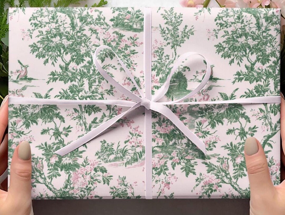 Pink and Green Toile De Jouy Gift Wrap, French Country Theme Wrapping ...