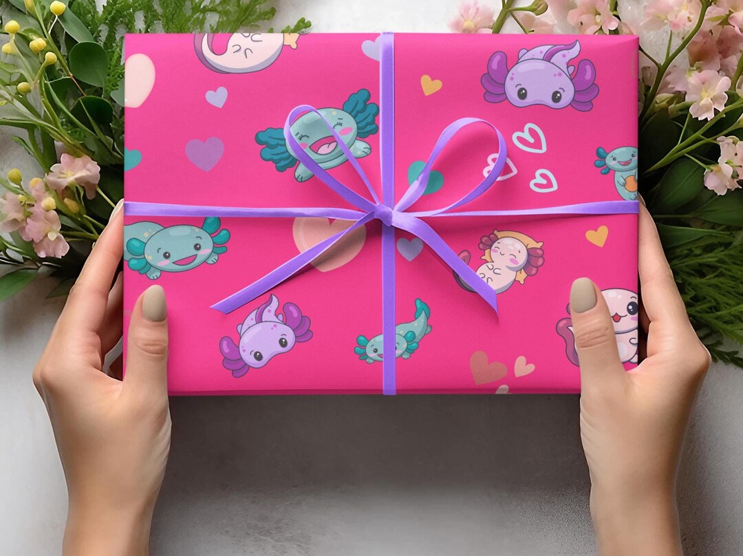 Axolotl Wrapping Paper, Cute Axolotl Gift Wrap, Hot Pink Axolotl ...