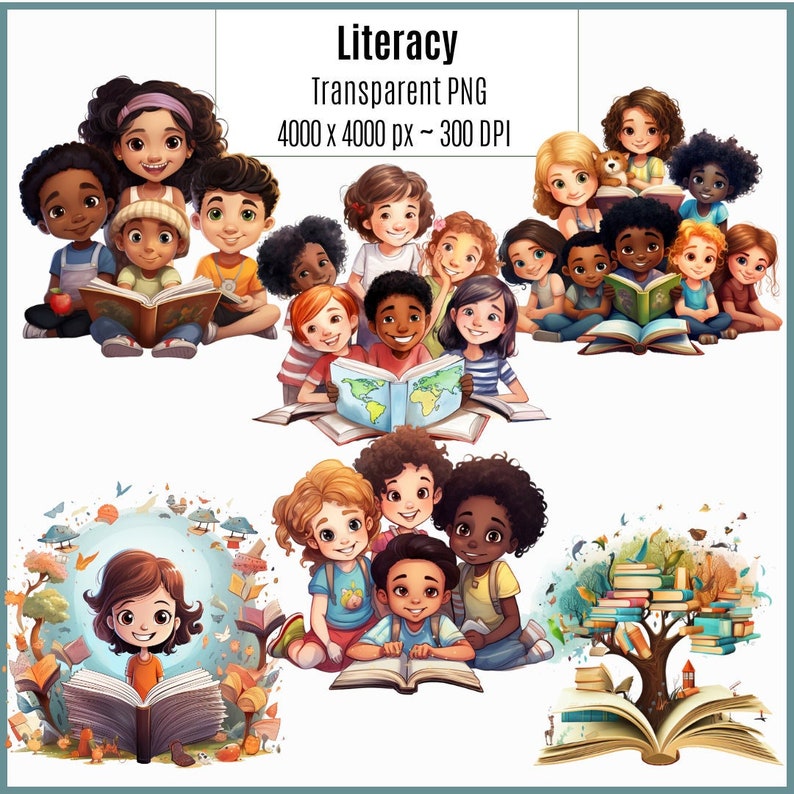 Literacy SVG, Diverse Kids Clip Art, Reading Books PNG, Librarian ...
