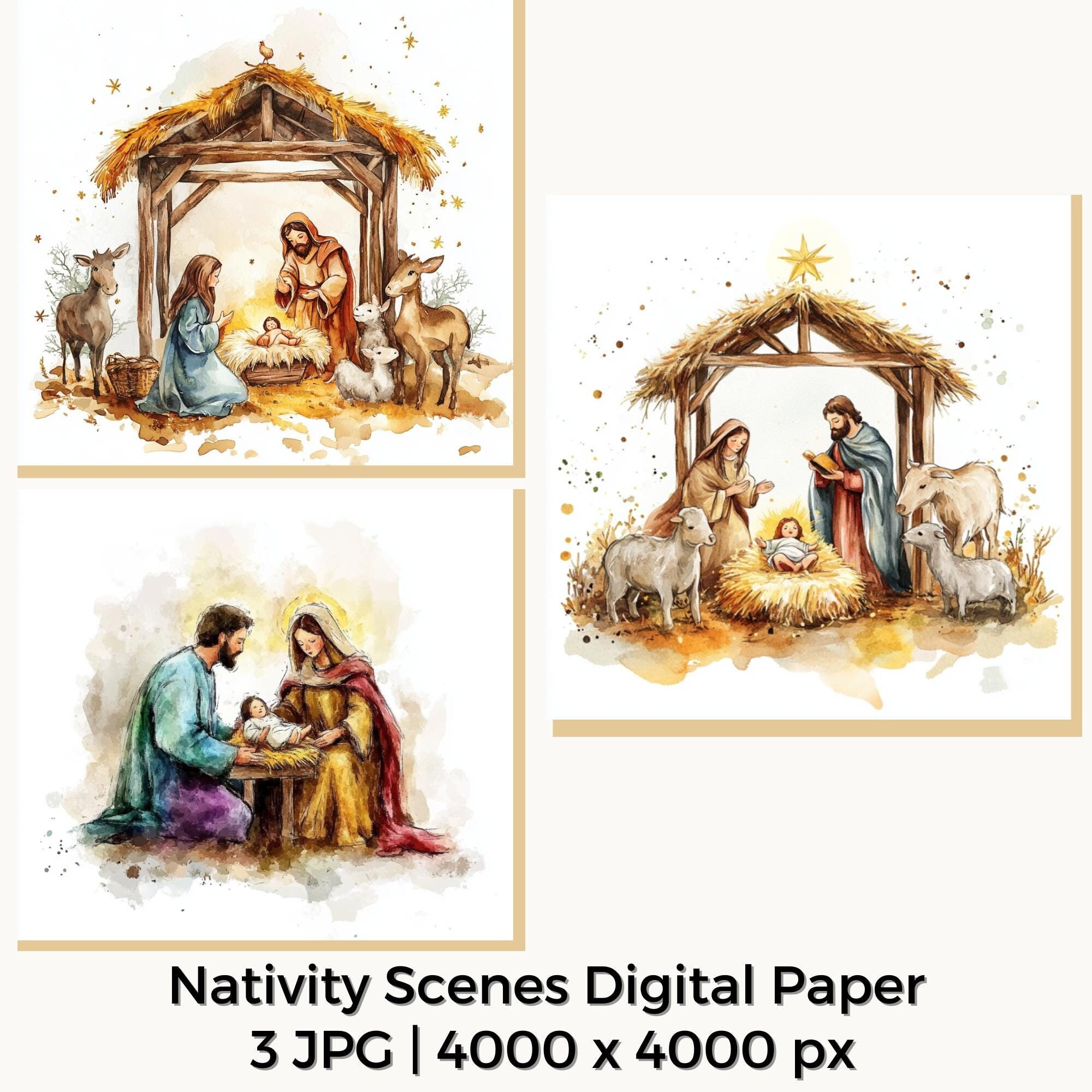 Nativity Digital Paper, Nativity Scene Art, Watercolor Christmas ...