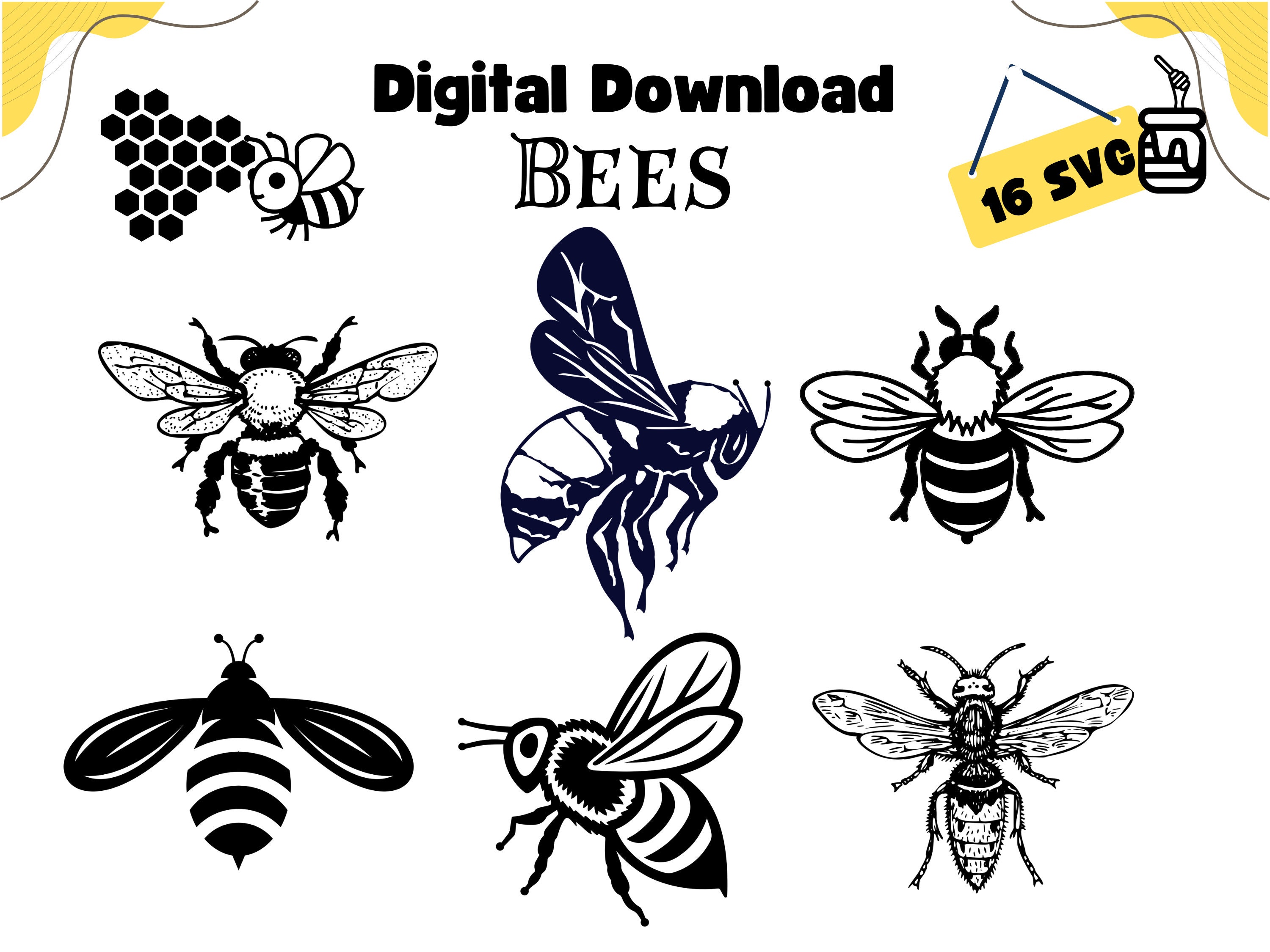 Bee Clipart Black and White, Bee SVG Silhouette Outline, Honey Bee, Bee ...