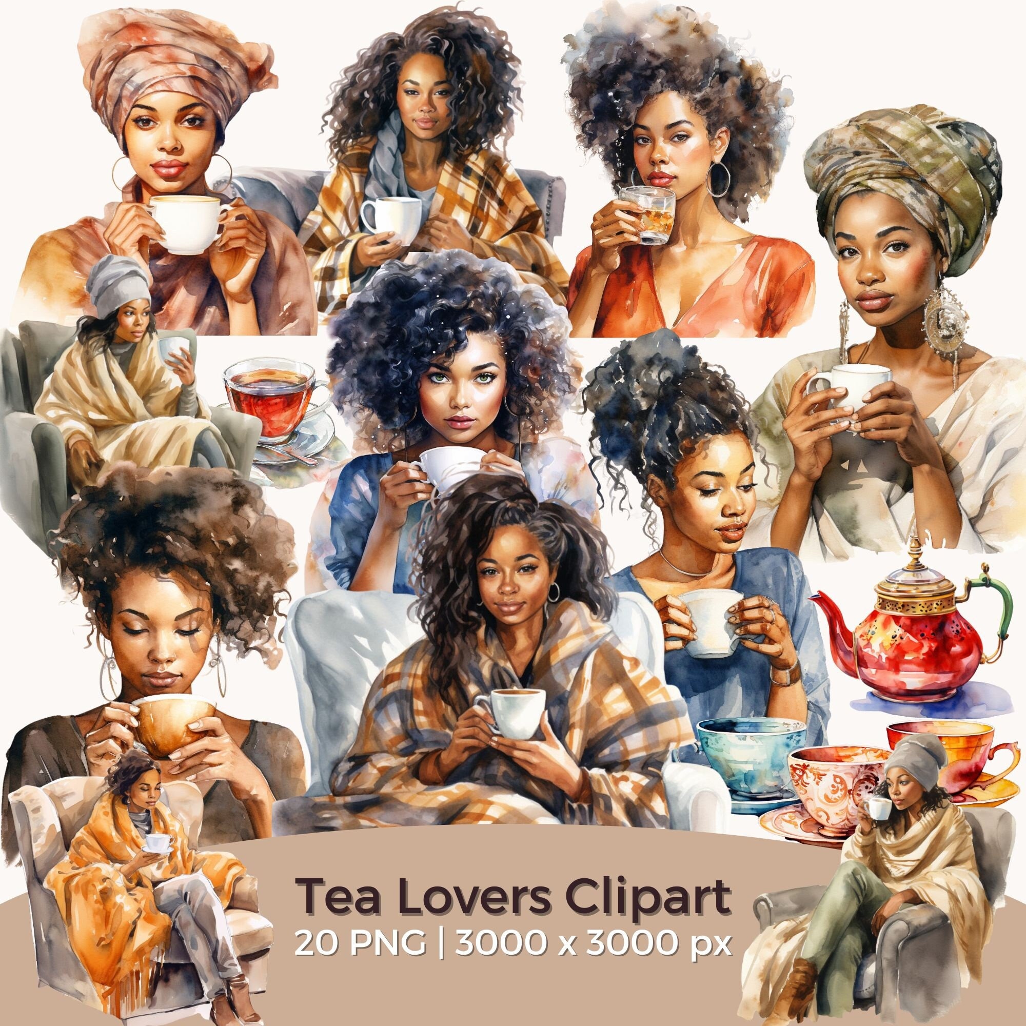 Black Woman Drinking Tea Clipart, Watercolor Cozy Autumn Clipart, Tea ...