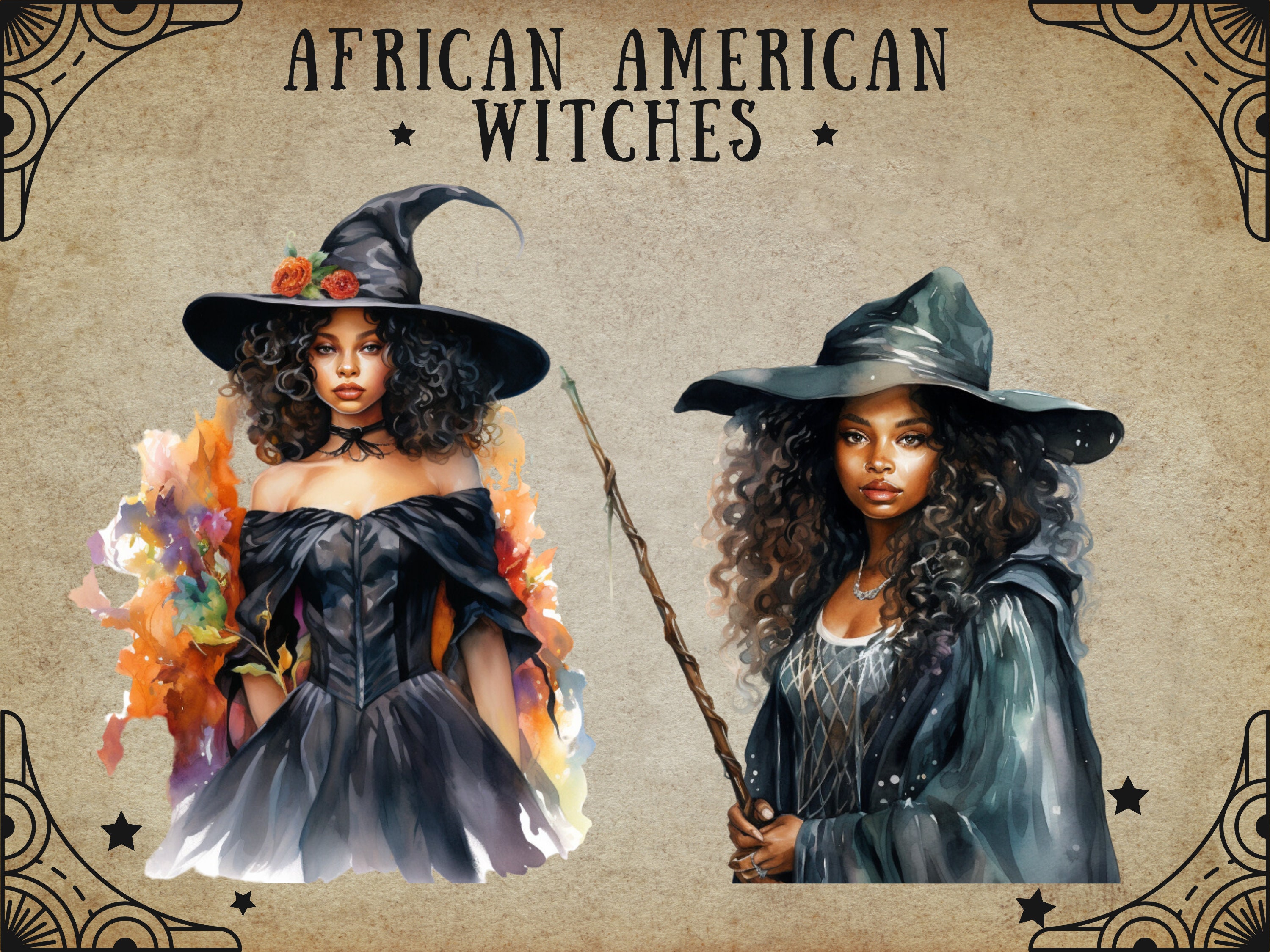 African American Witches Clipart, Black Girl Halloween PNG, Watercolor ...