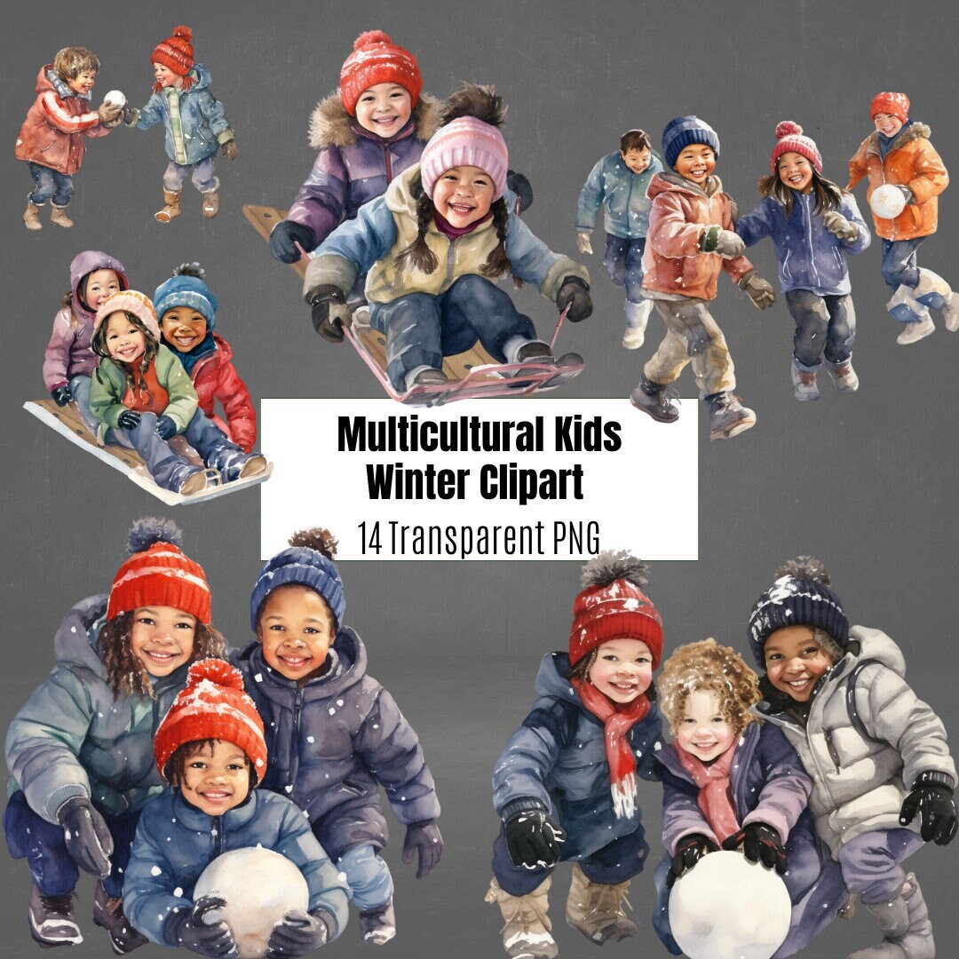 Diverse Kids Winter Clipart, Multicultural Children Playing in the Snow ...