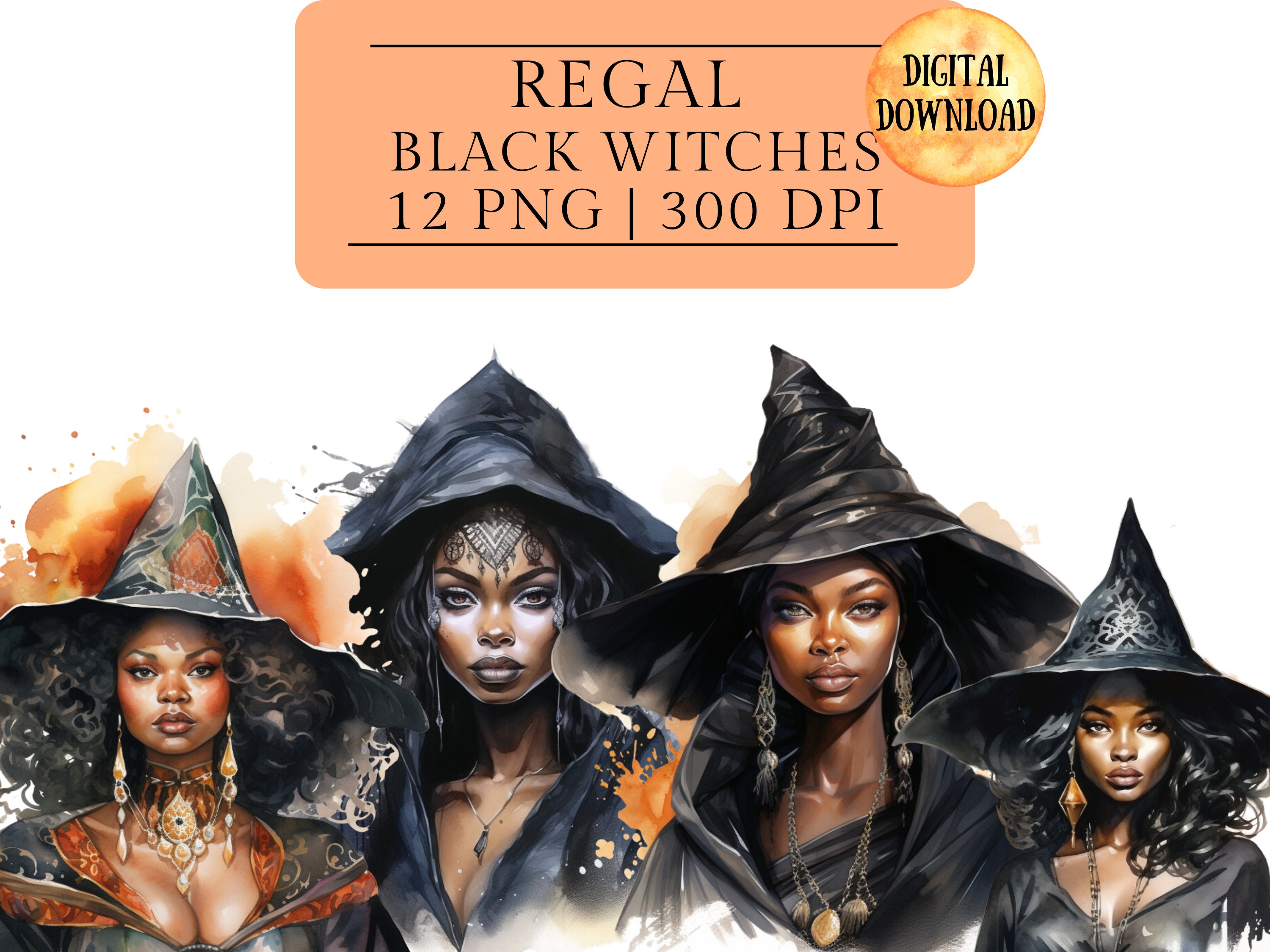 African American Witches Clipart, Black Girl Halloween Watercolor PNG ...