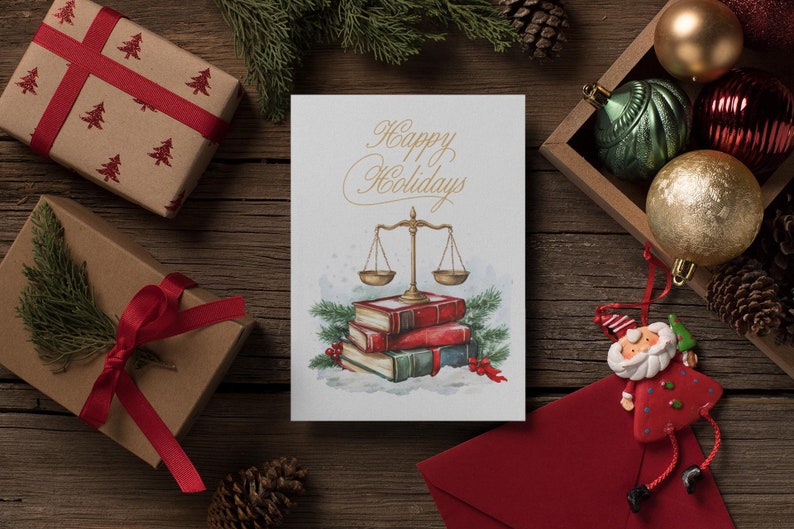 Scales of Justice Christmas Card, Lawyer Holiday Greeting Card, Happy ...