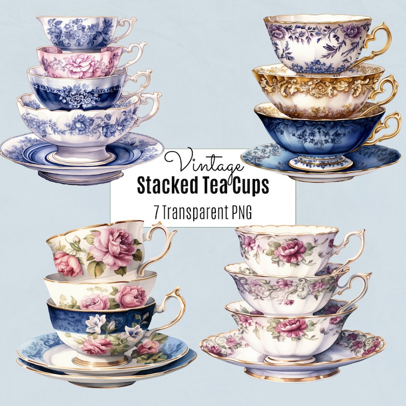 Stacked Tea Cup Clipart, Vintage Watercolor Tea Cup, Teacup PNG, Tea ...