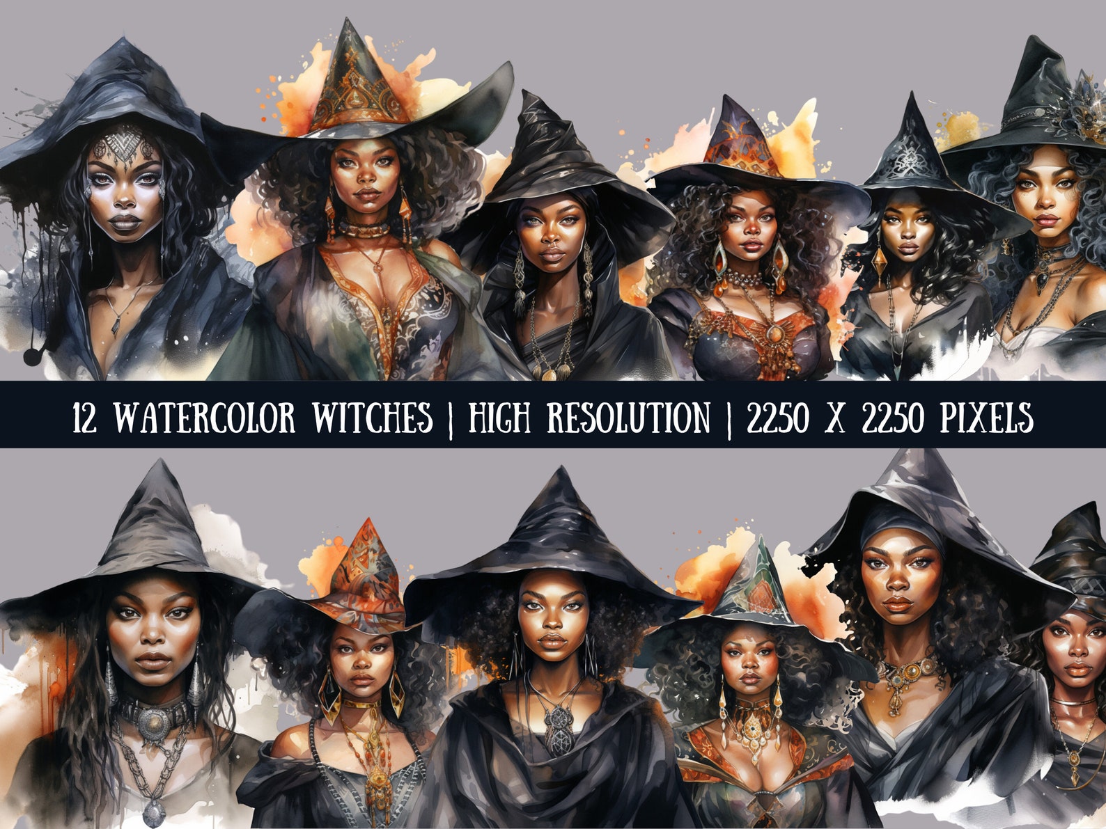 African American Witches Clipart, Black Girl Halloween Watercolor PNG ...