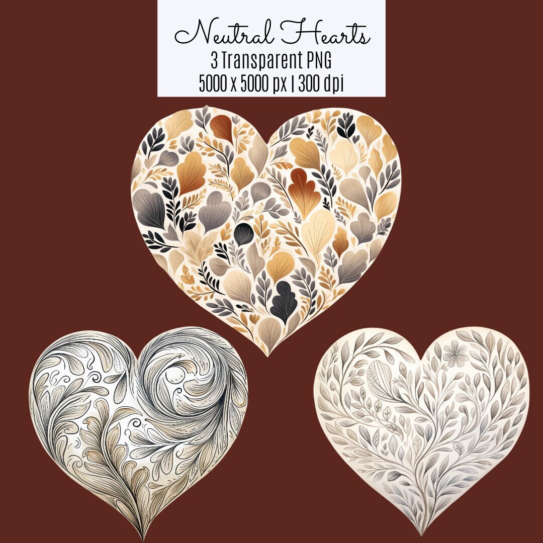 Neutral Hearts PNG, Botanical Heart Boho Clipart, Valentine's Day ...