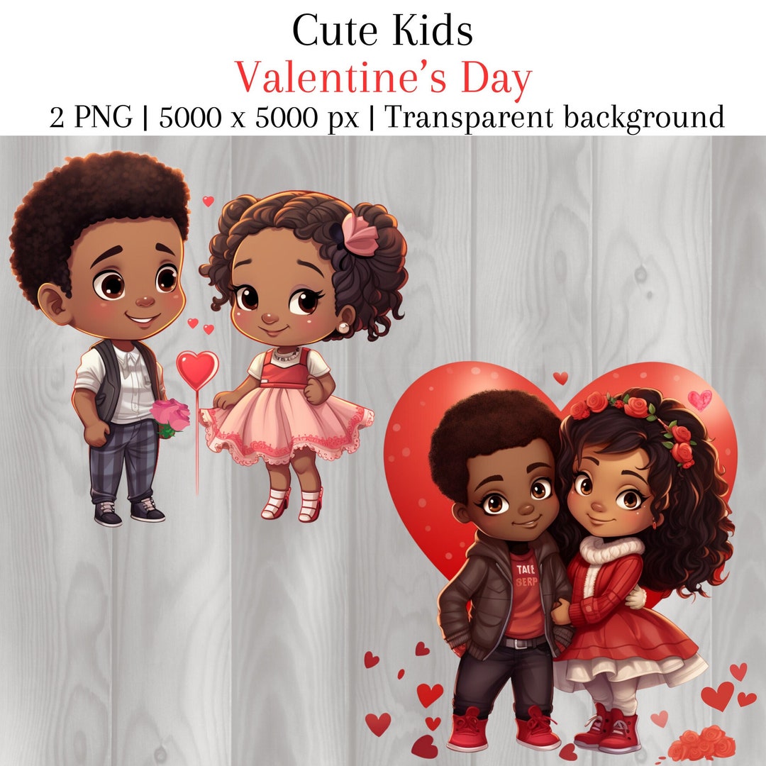 Valentine Kids Clipart, Cute Kids Valentines Day, Black Boy and Girl ...