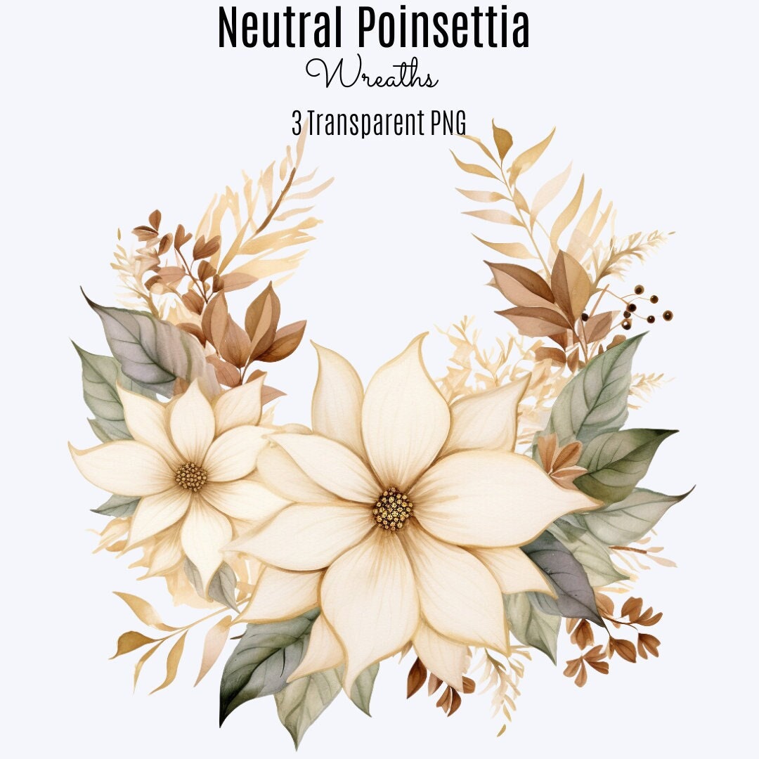 Neutral Floral PNG, Boho Floral Clipart, Poinsettia Wreath, Winter ...