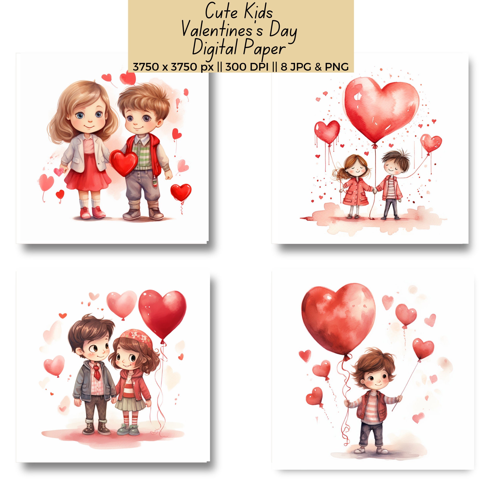 Valentine Kids Clipart, Cute Kids Valentines Day Digital Paper JPG PNG ...