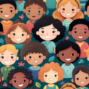 Cute Multicultural Kids Faces SVG, Seamless Repeating Pattern, School ...