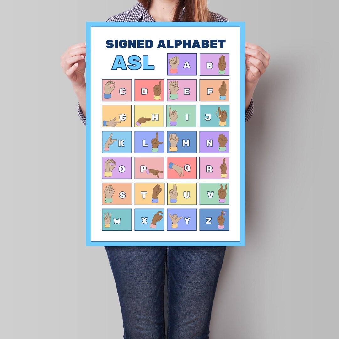 ASL Alphabet Poster, Learn Teach American Sign Language, Blue Colorful ...