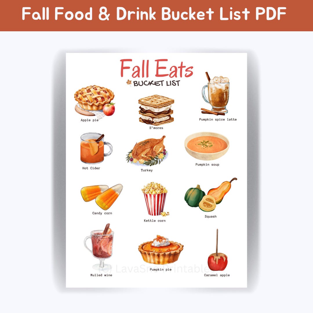 Fall Themed Food and Drink Printable Bucket List | 8.5 X 11 and A5 Size ...