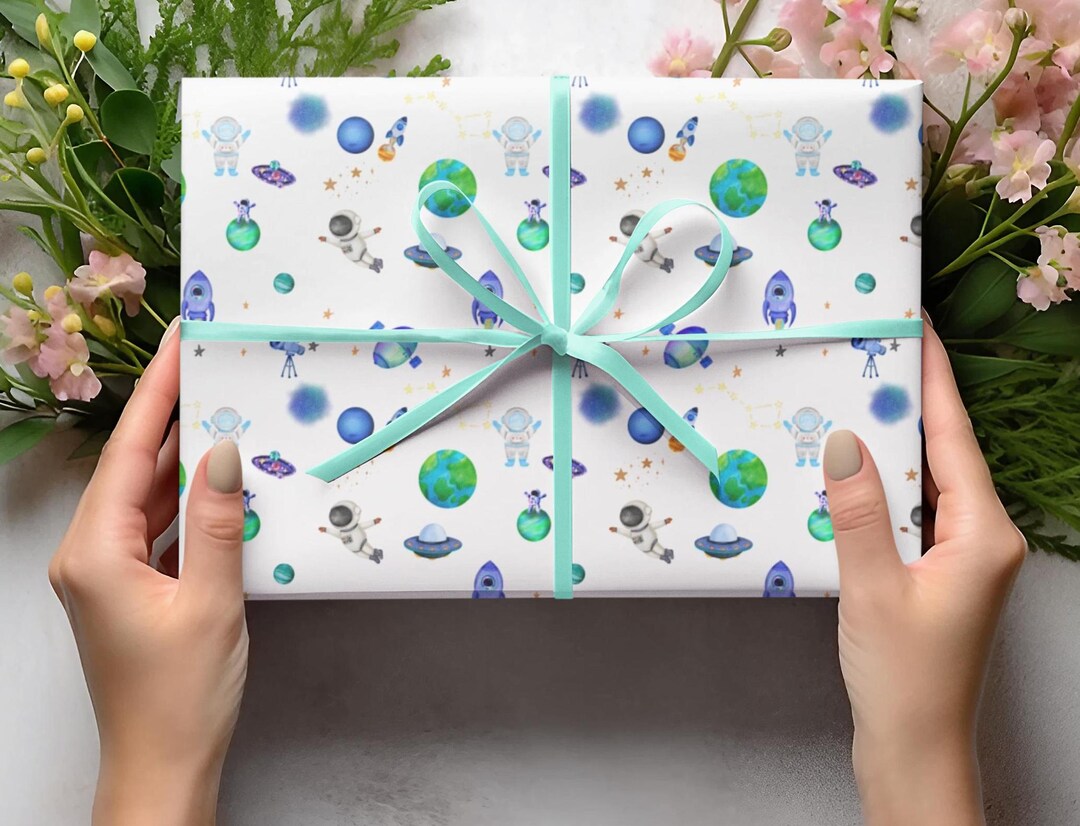 New Baby Boy Gift Wrapping Paper, Blue and White Astronaut Baby Shower ...