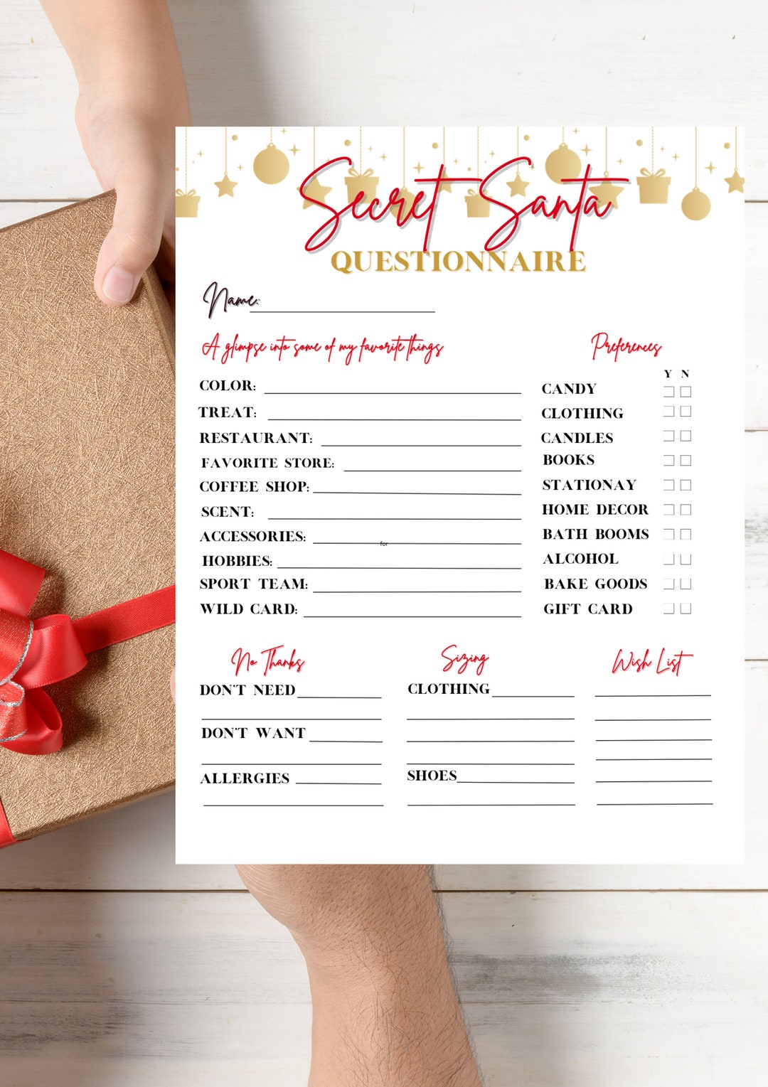 Secret Santa, Questionnaire, Editable Template, Holiday Christmas, Gift ...